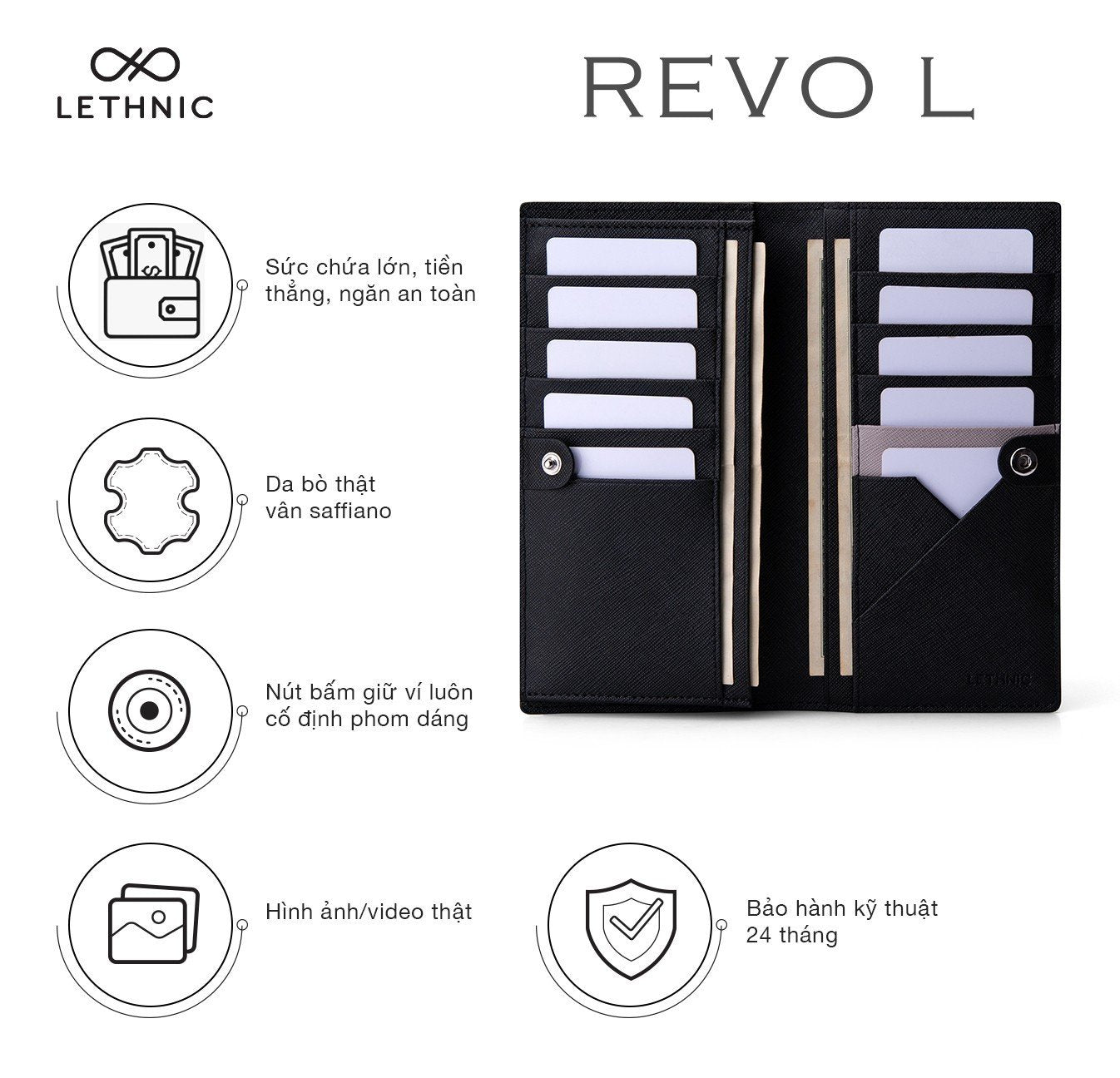 Ví dài có có ngăn dây kéo & nút bấm - Revo L